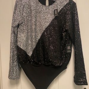 Express | Tops | New Express Silver And Black Sequin Body Suit | Poshmark